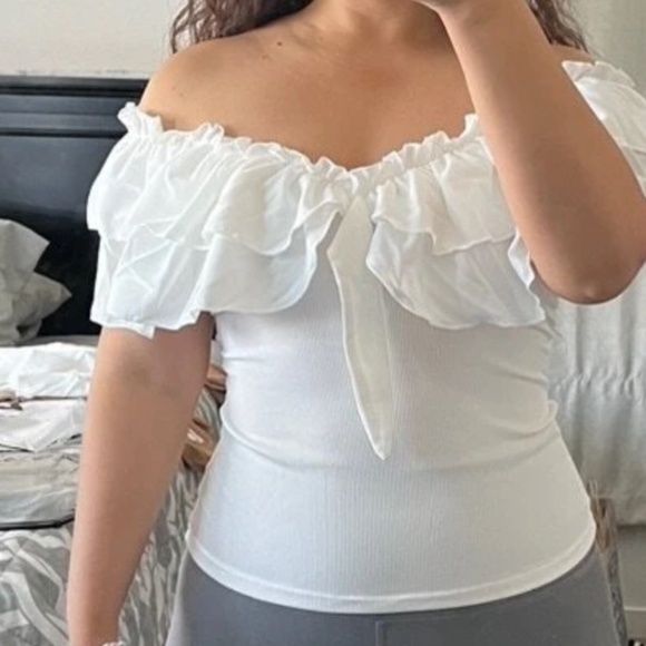Tops | Plus White Ruffle Front Tie Off Shoulder Top | Poshmark